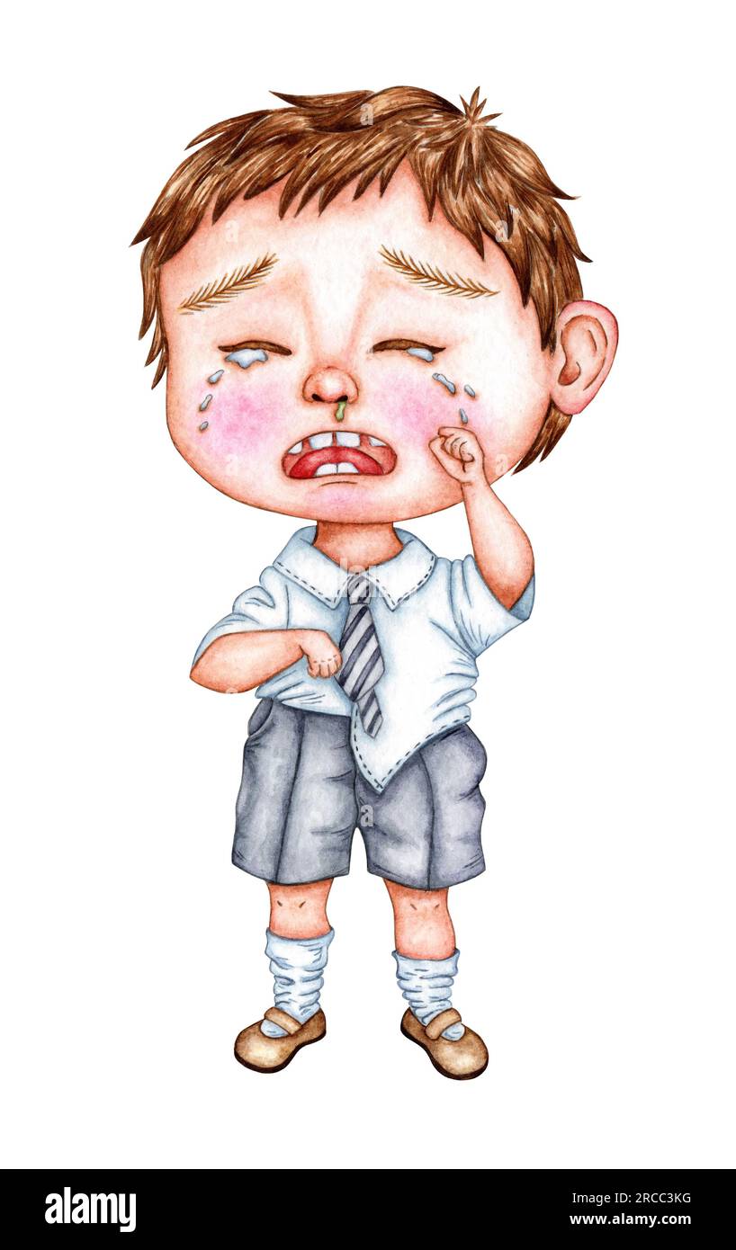 Watercolor illustration of a little crying boy. Child in school uniform ...