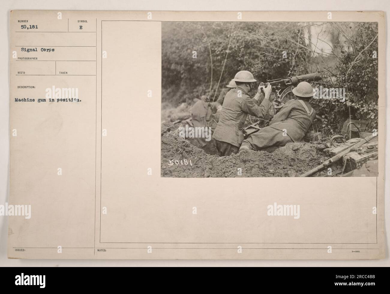 Soldiers manning a machine gun on the battlefield. The photograph ...
