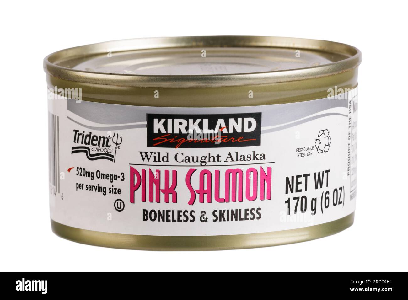 Delicious can of Wild Caught Alaska Pink Salmon isolated on a white ...