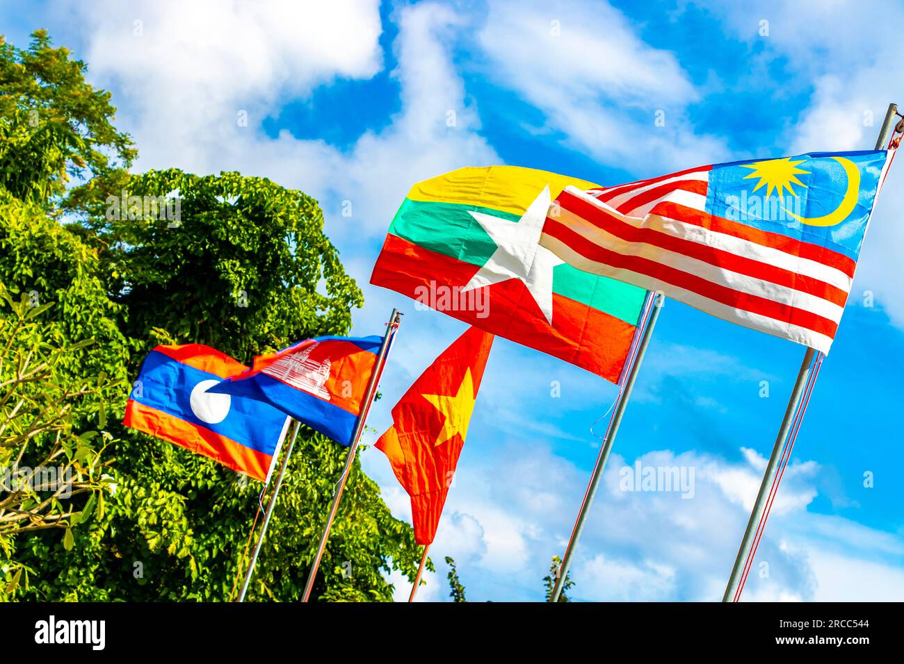 Southeast Asia flags of Myanmar Vietnam Malaysia Cambodia and Laos with ...