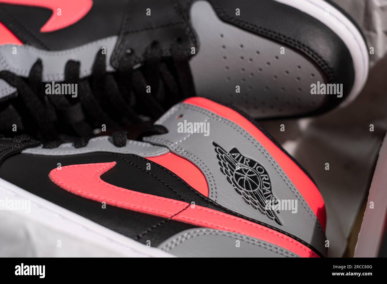 Prague, CZ - 16 May 2021: close up Nike Air Jordan retro model 1 Mid ...