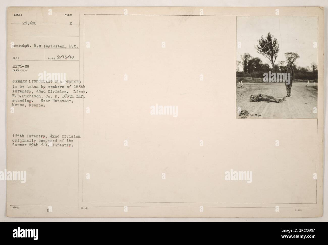 A photo taken on September 13, 1918, showing Lieutenant W.B. Huchison ...