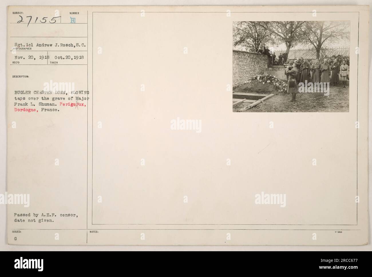 Bugler Chester Dunn playing taps over the grave of Major Frank L. Shuman in Perigurux, Dordogne ...