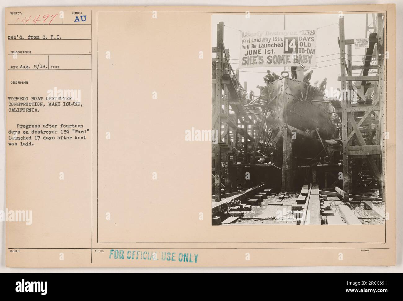 A photograph of a torpedo boat at destroyer construction in Mare Island ...