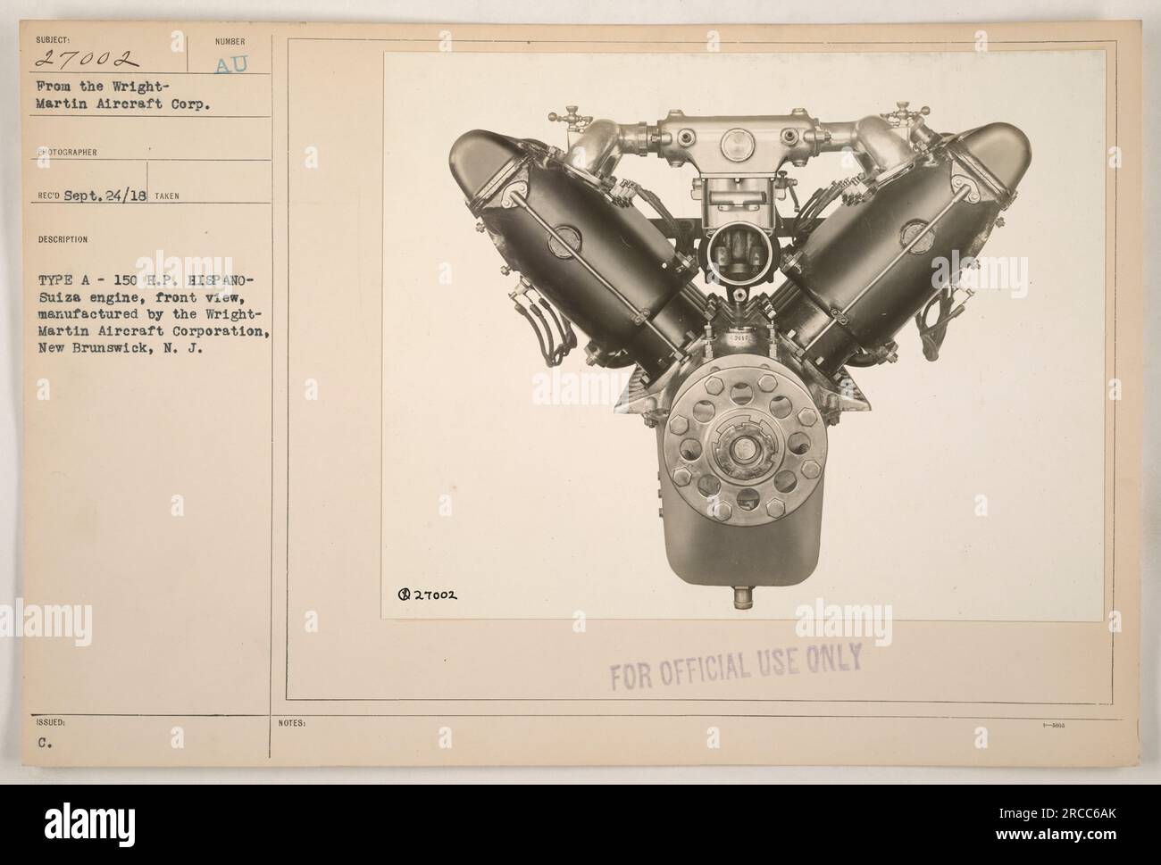A front view of a Wright- Martin Aircraft Corp. airplane with a 150 H.P ...