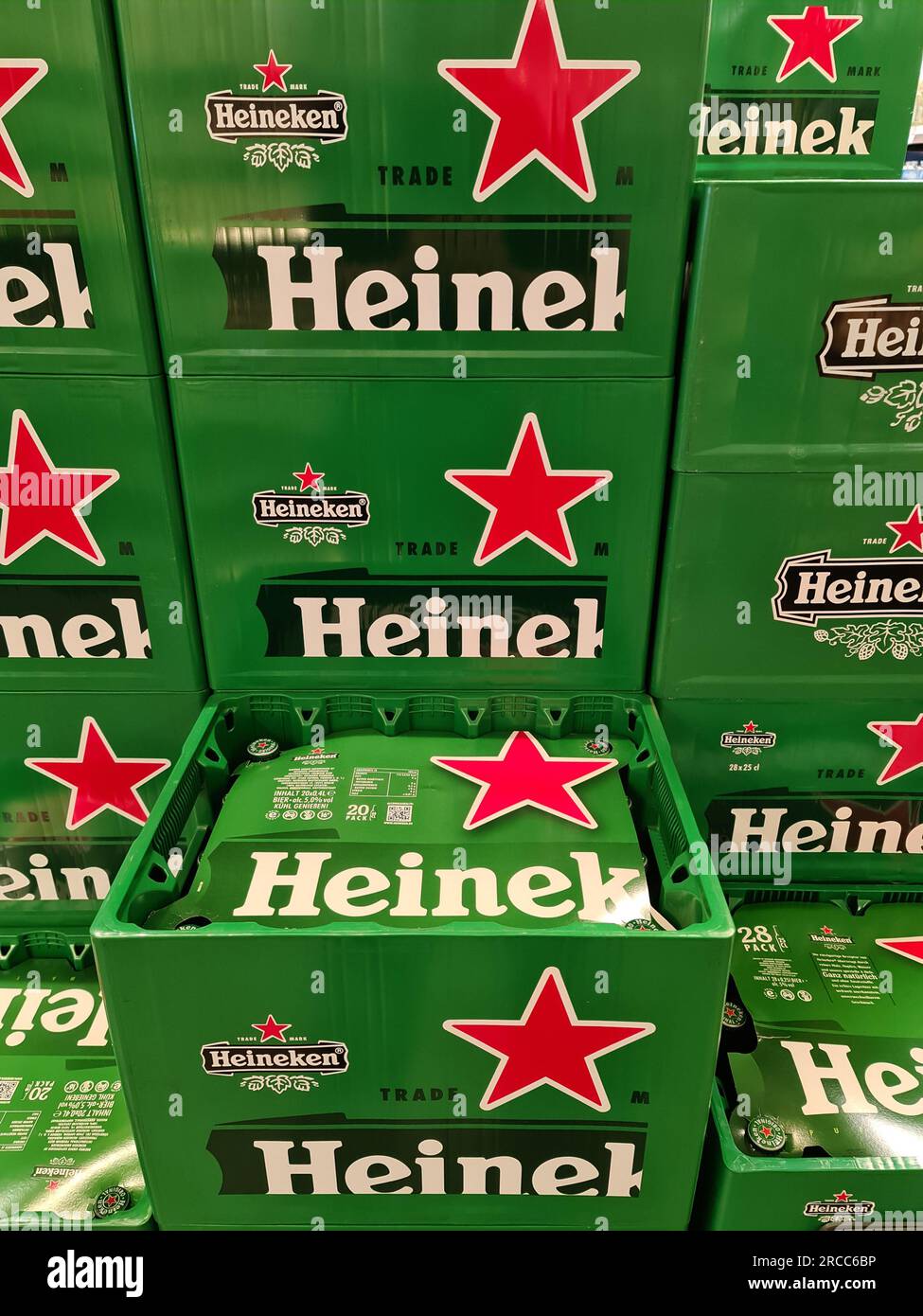 Kiel, Germany - 13. July 2023: A stack of heineken beer crates in a ...