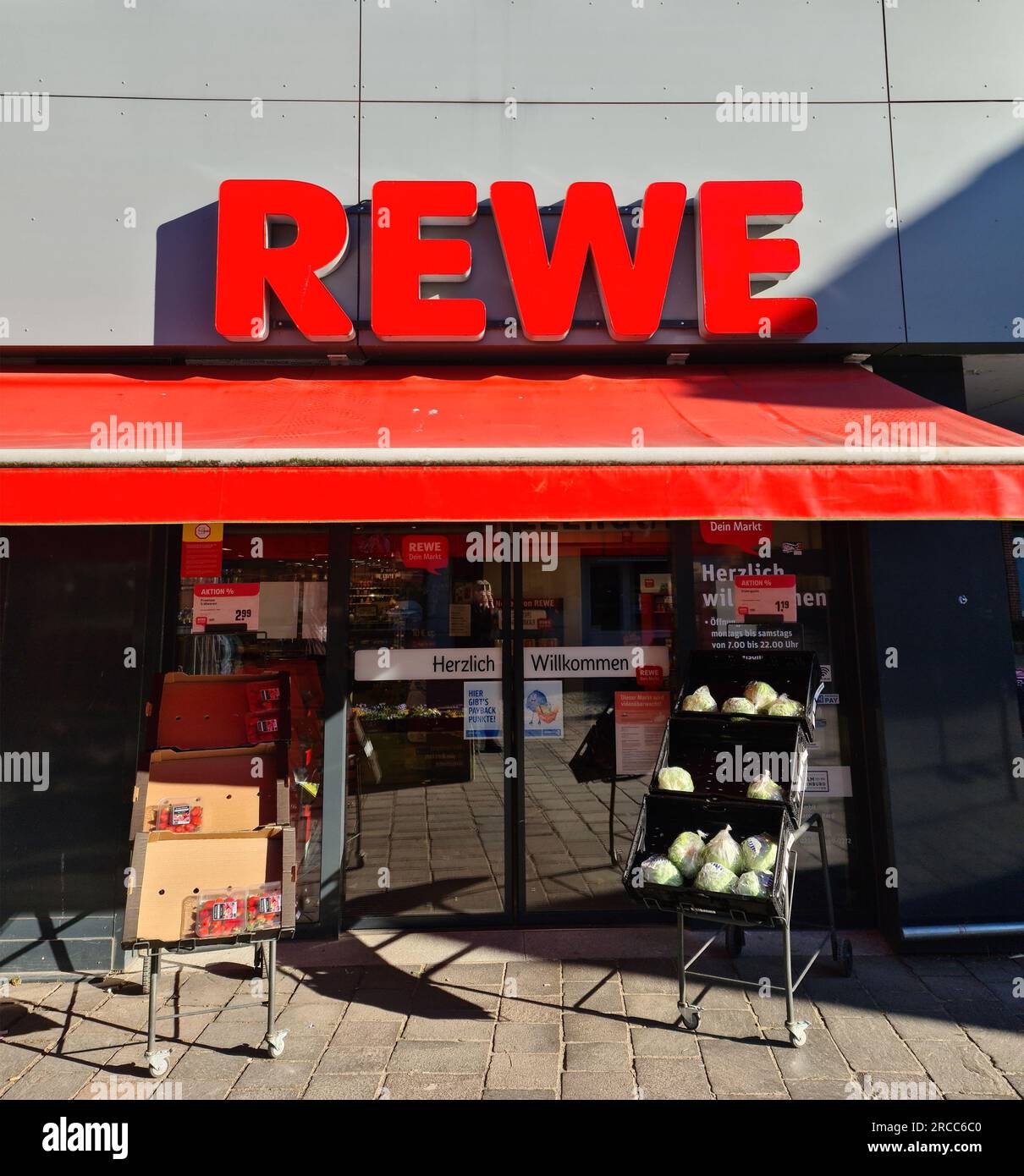 Kiel, Germany - 13. July 2023: Entrance area of a ReWe brand supermarkt ...