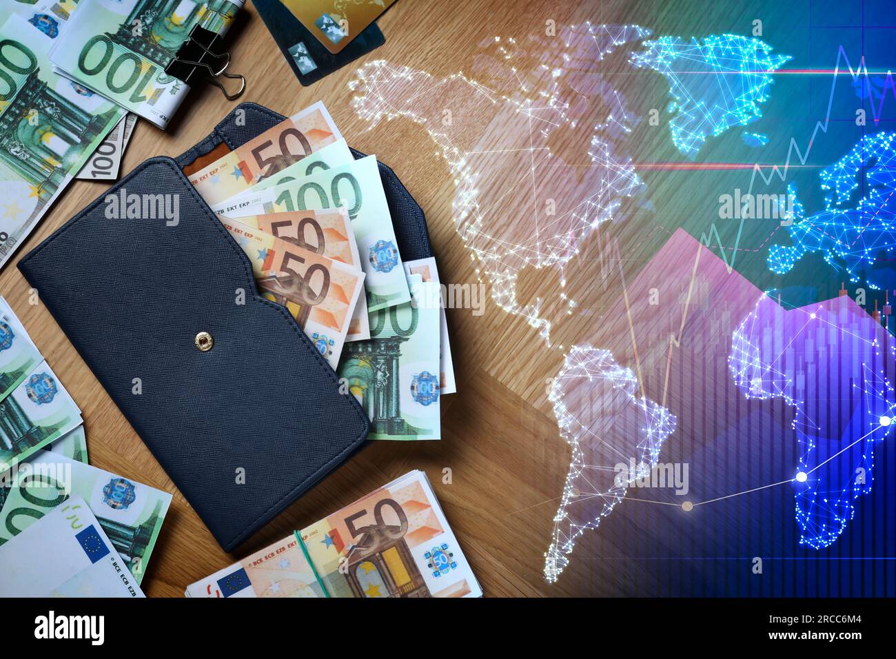 Foreign exchange market. Double exposure of digital world map, currency ...
