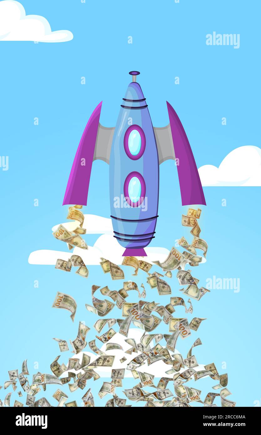 Business startup. Money falling from flying rocket in blue sky ...