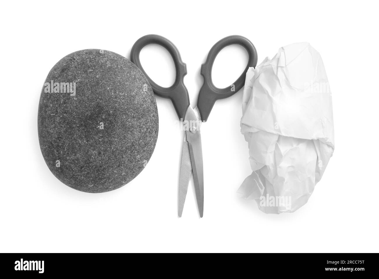 Rock, crumpled paper and scissors on white background, top view Stock ...