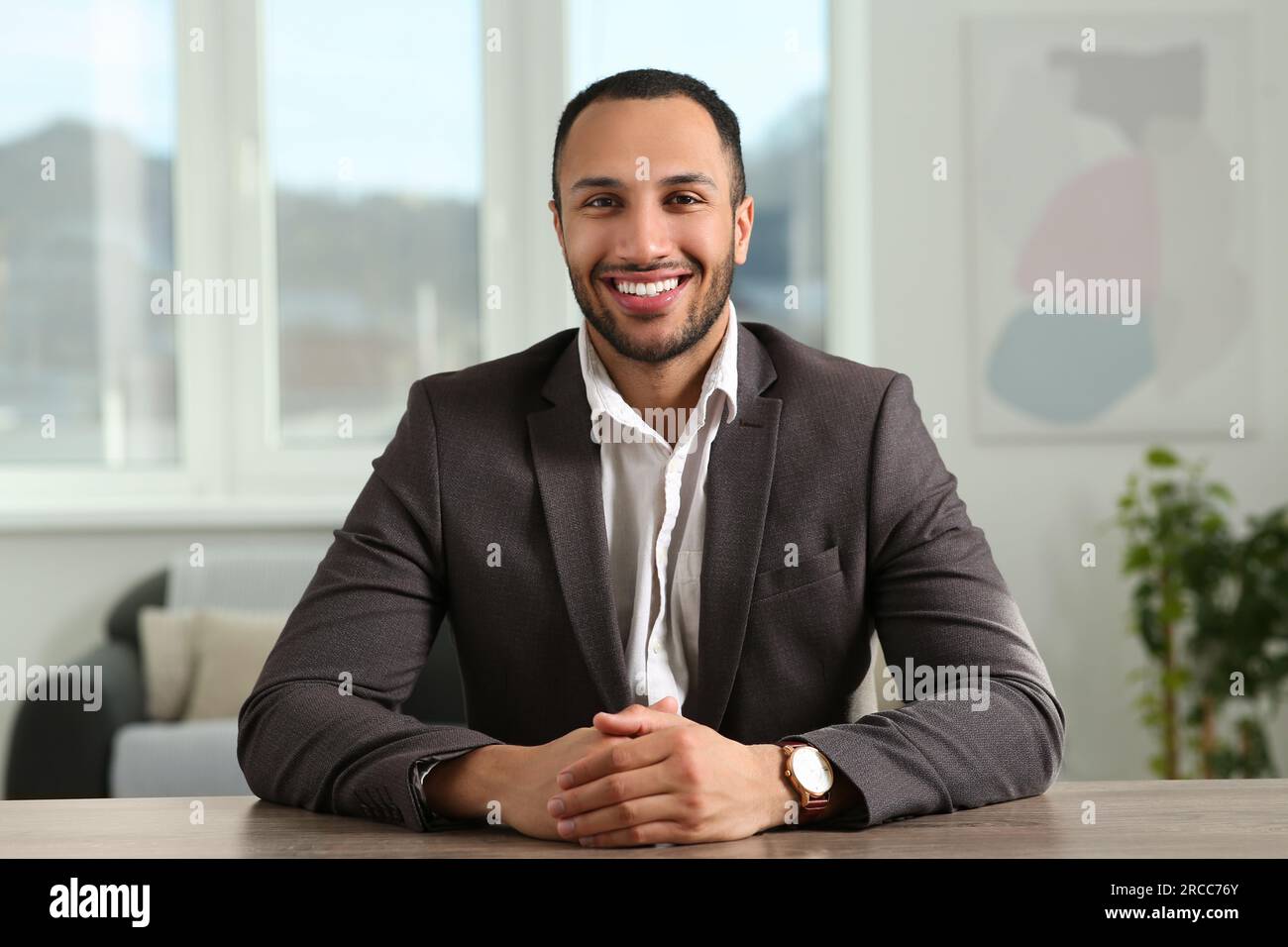 Young man having online video call at home, view from camera Stock ...