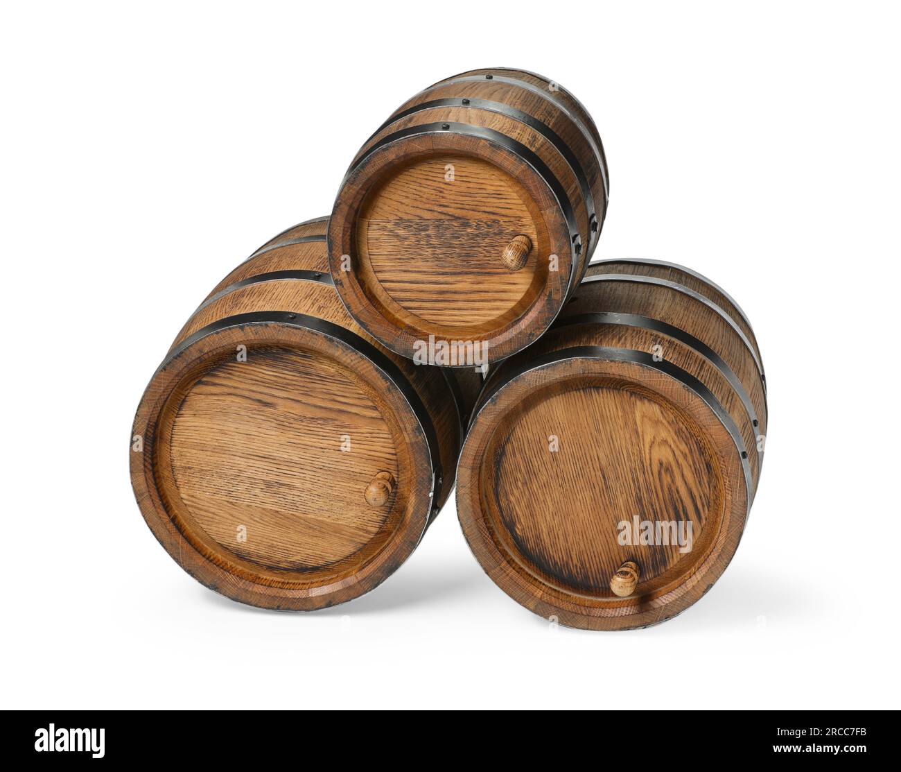 Three traditional wooden barrels on white background Stock Photo - Alamy