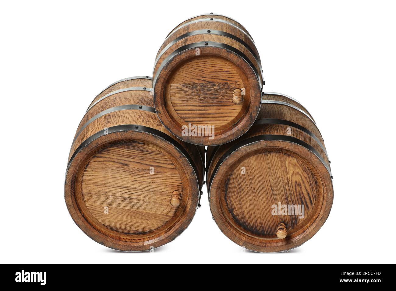 Three traditional wooden barrels on white background Stock Photo - Alamy