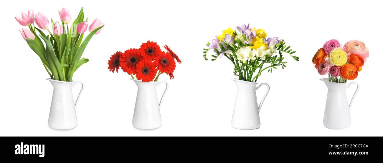 Collage of stylish vase with different bouquets on white background ...