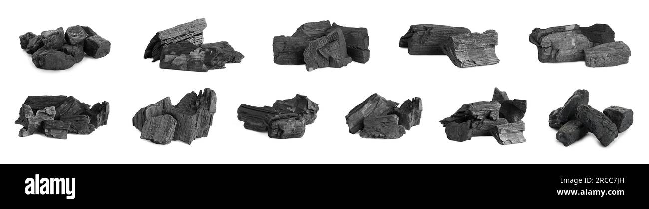 Collage with different pieces of coal on white background Stock Photo ...