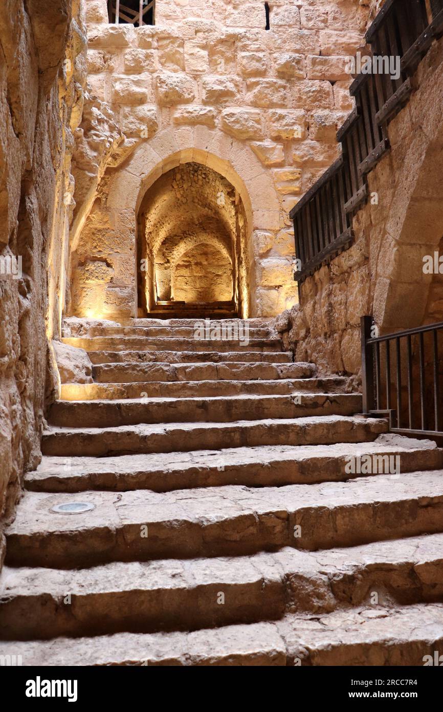 Stone staircase inside an old war fort (Ajloun castle, Jordan) nice ...