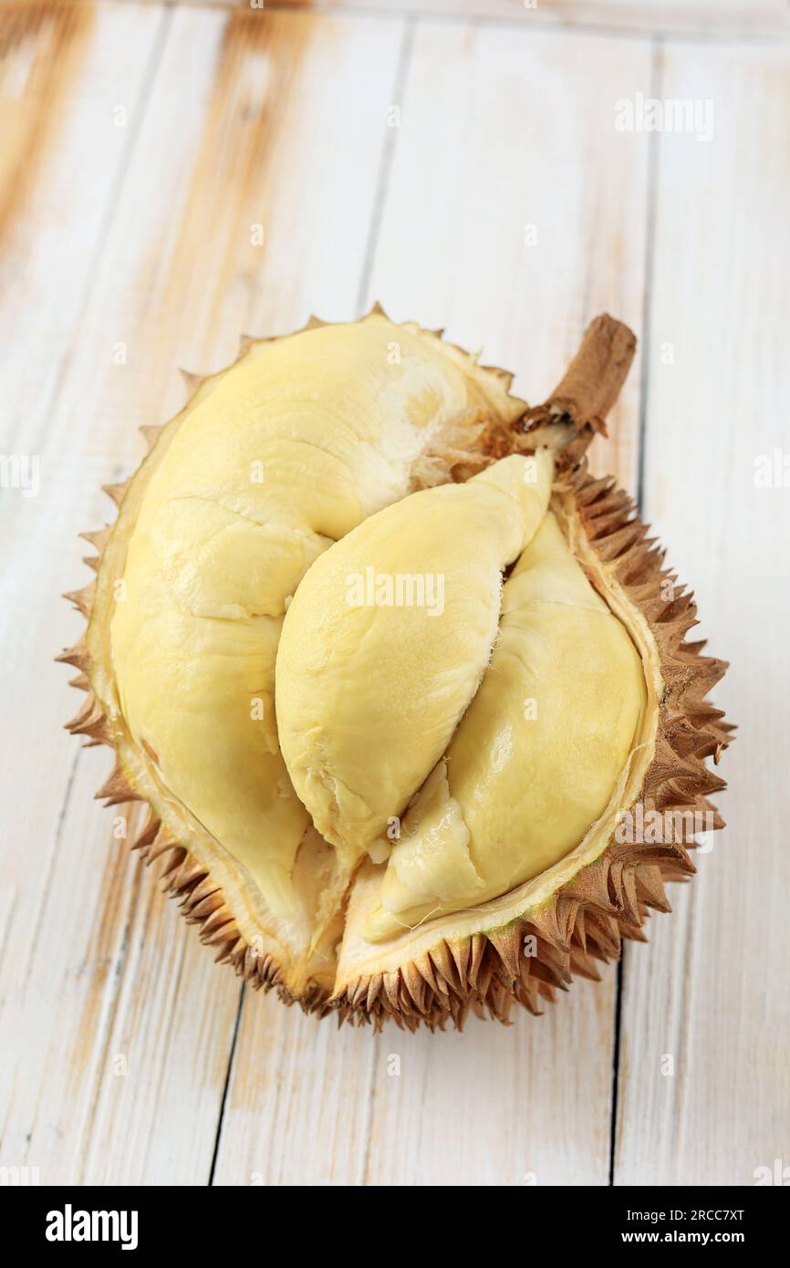 Indonesian Local Durian Riped and Fresh, Durian Peel with White Cream Colour on Wooden Table ...