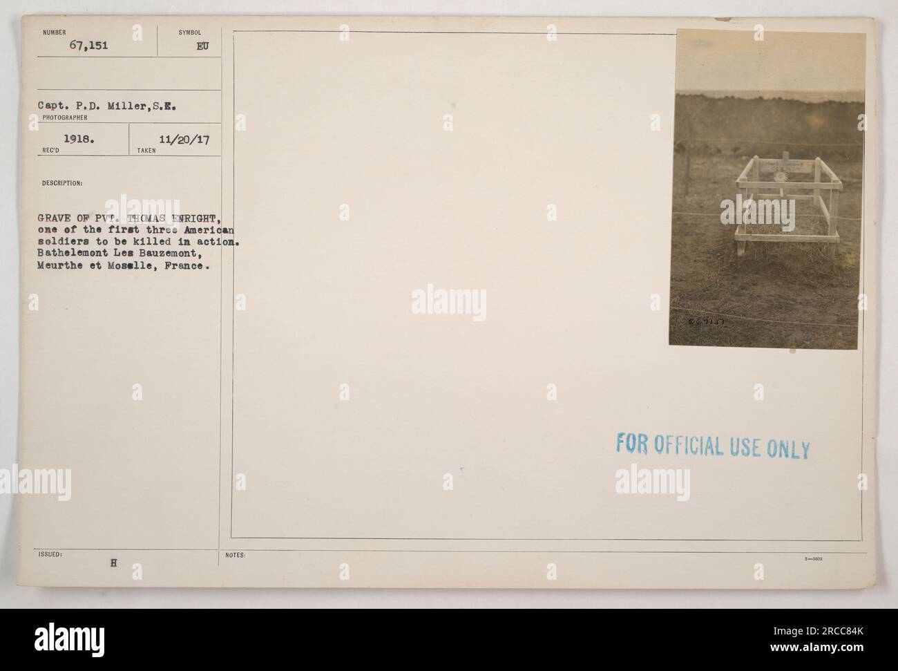 Grave of Pvt. Thomas Enright, one of the first three American soldiers ...