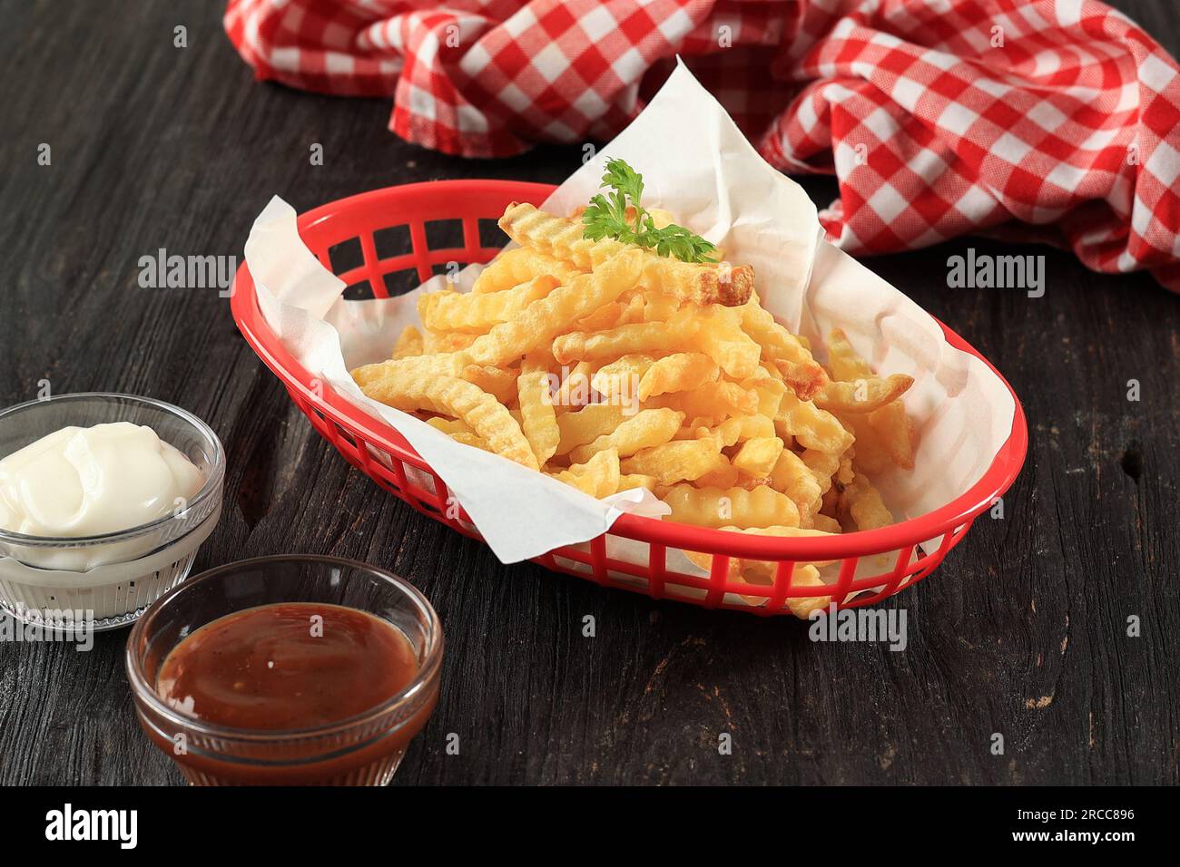 French Fries or Potato Stick with Mayonnaise and Ketchup. Served on Red ...