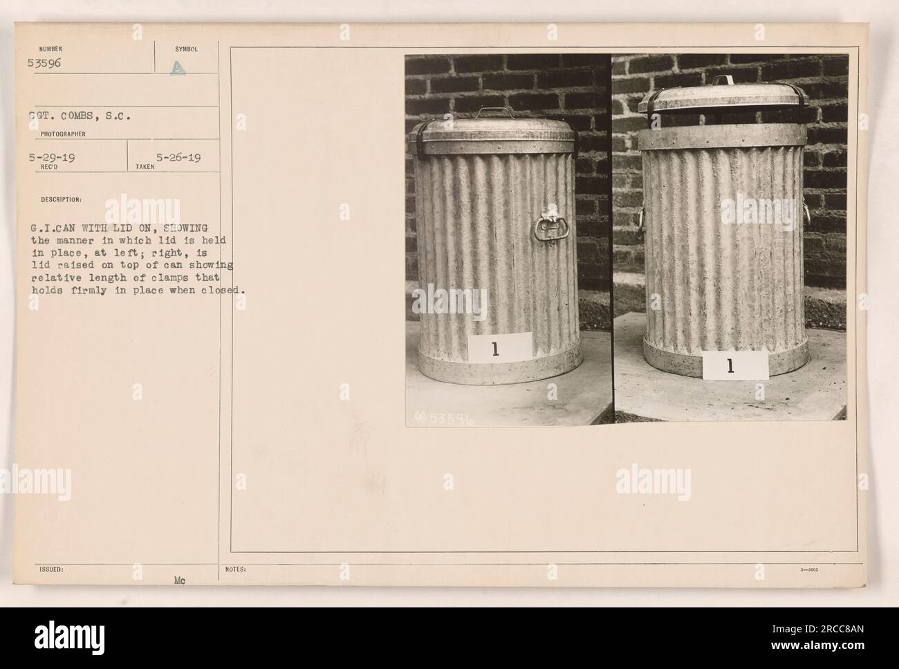 Description: G.I. can with lid on, showing the method of securing the ...