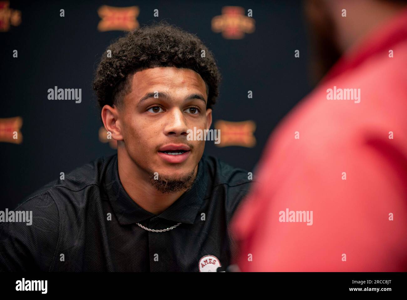 Iowa State wide receiver Jaylin Noel answers questions from reporters ...