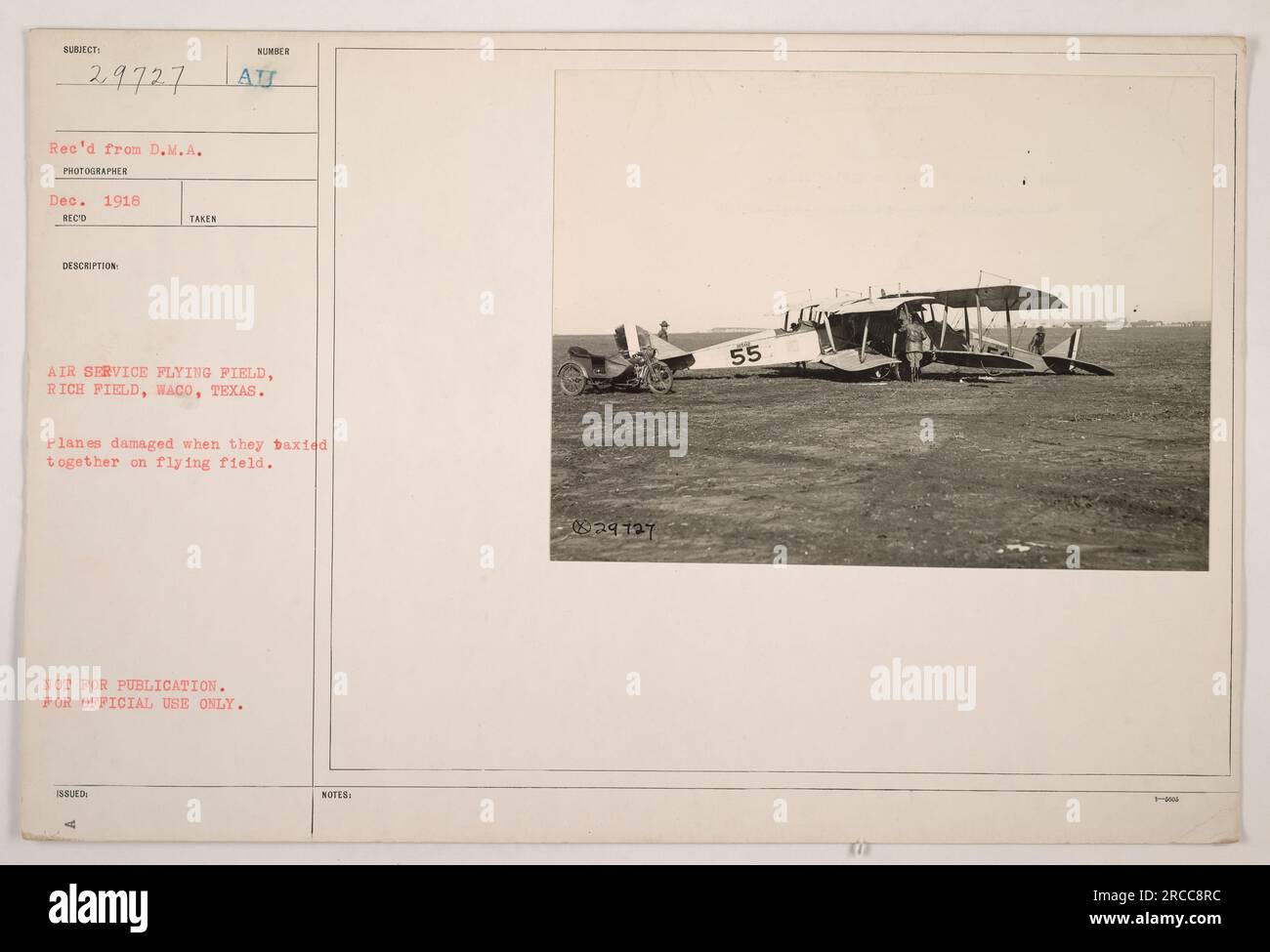 Damage to planes at the Waco, Texas Air Service Flying Field. The ...