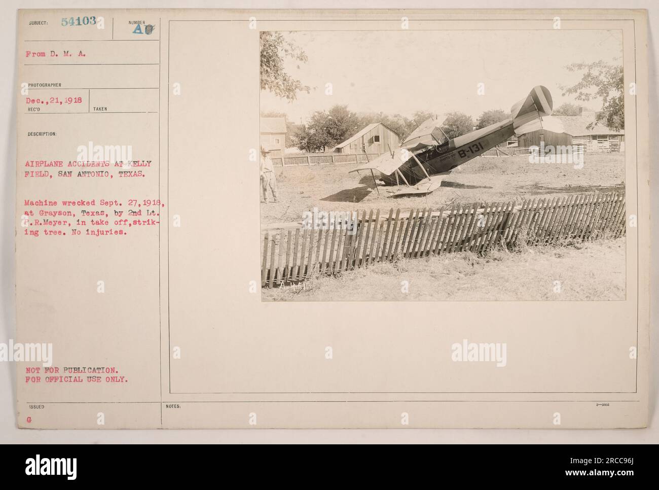 Airplane accident at Grayson, Texas on September 27, 1918. The incident ...