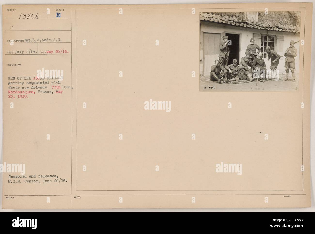 Men of the 153rd Brigade of the 77th Division in Nordausques, France, getting acquainted with ...