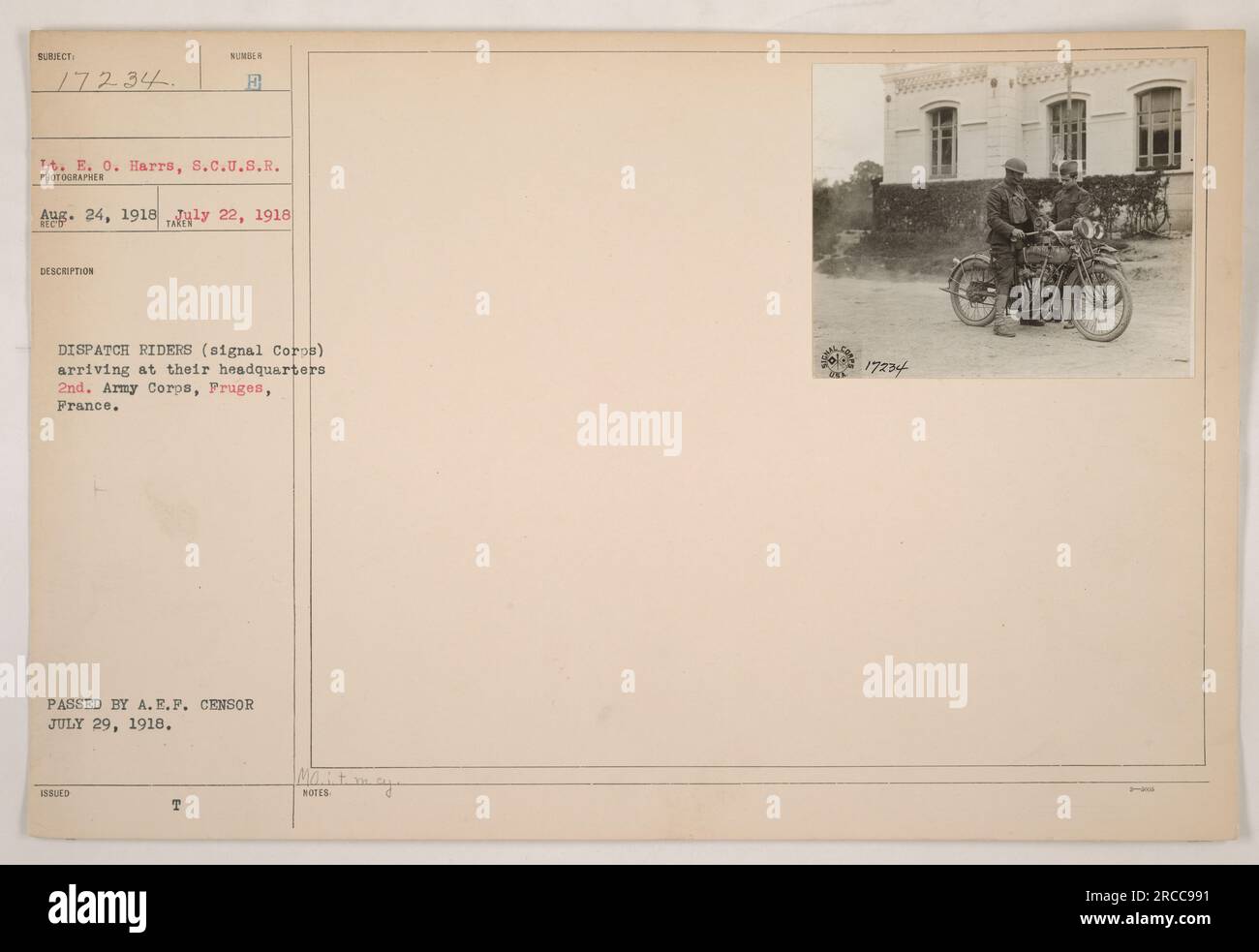 Dispatch riders from the Signal Corps arriving at their headquarters ...