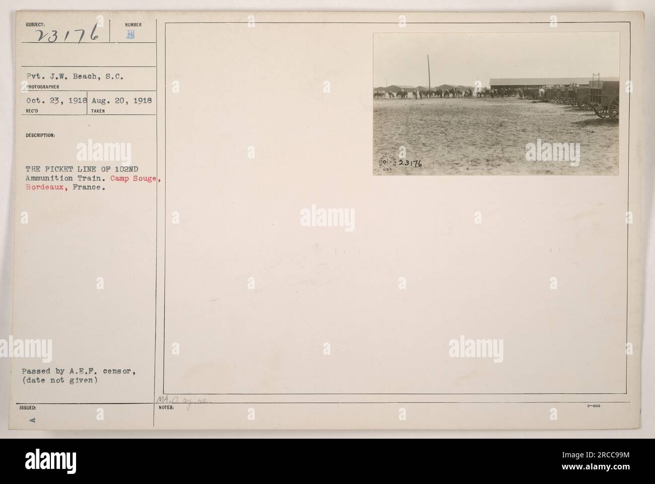 Privates on the picket line of the 102nd Ammunition Train at Camp Souge ...