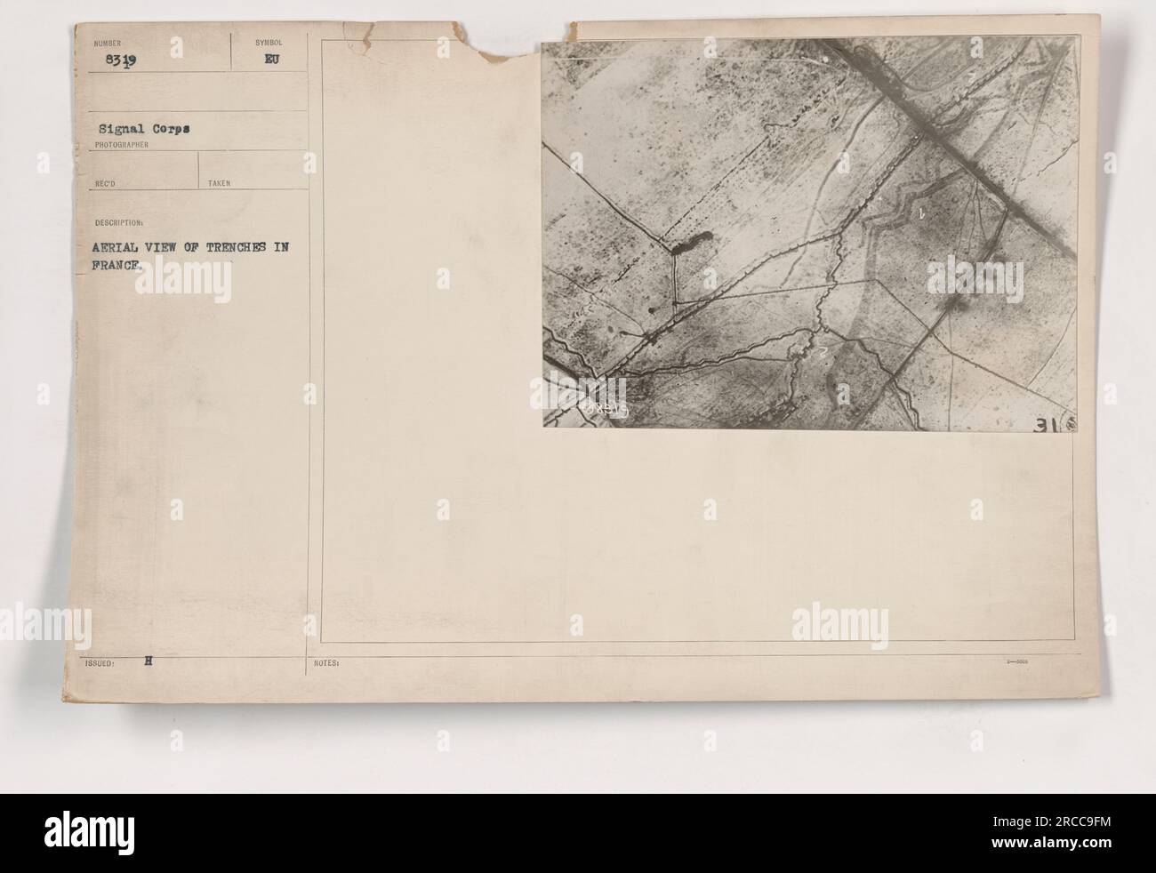 An aerial view of trenches in France during World War I. The photograph ...