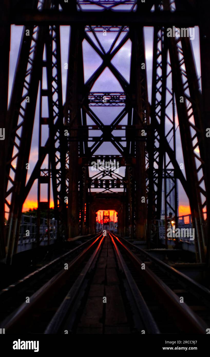a sunrise shot on the railroad of Long Bien brigde, Ha Noi, Viet Nam ...