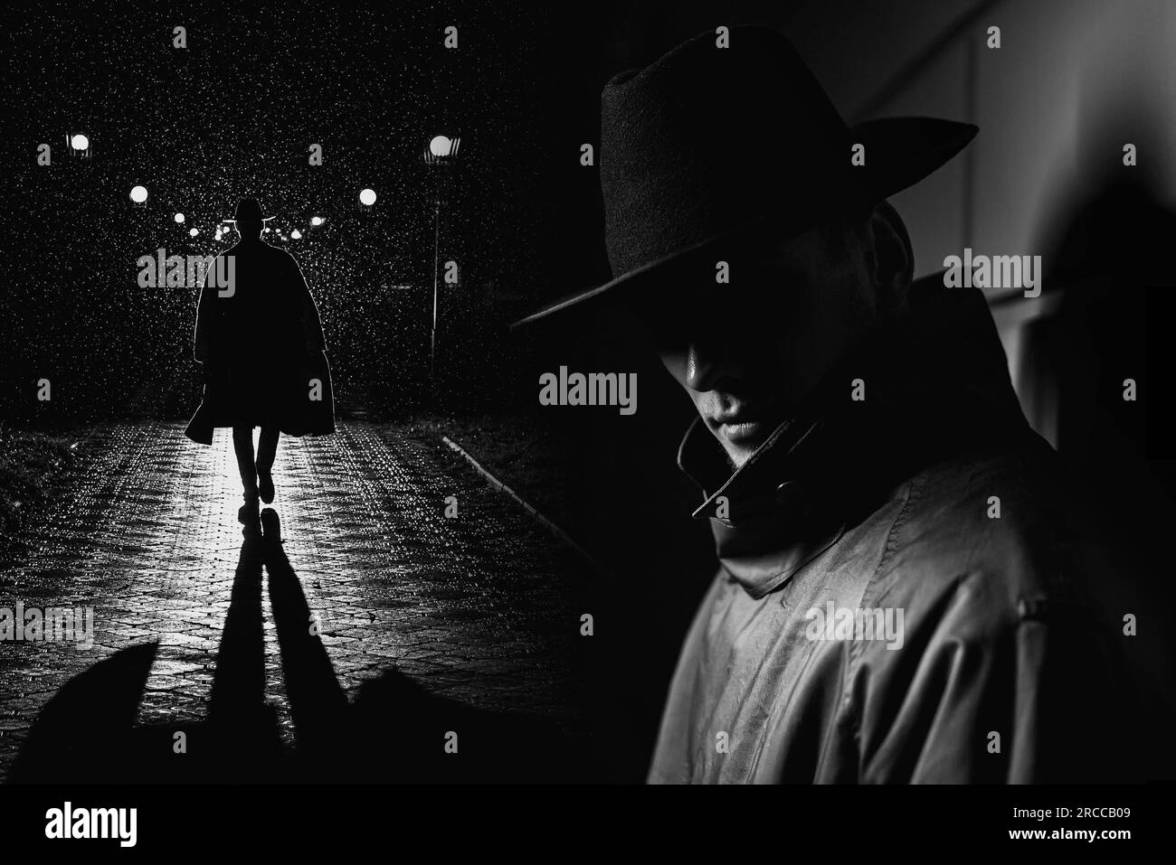 man spy detective in a dark rainy city at night in the noir style ...
