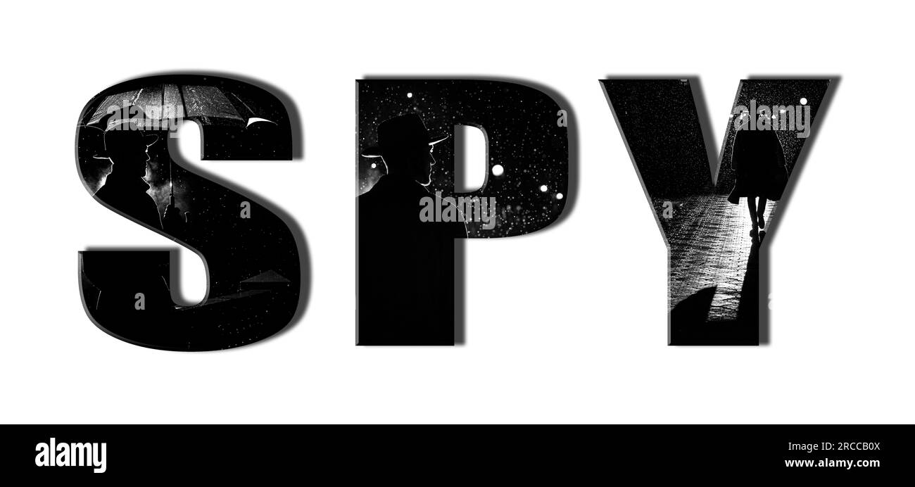 inscription Spy on a white background. Collage with a male detective in ...