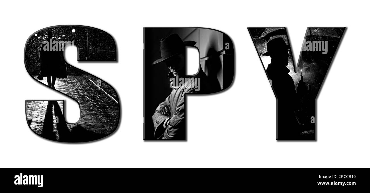 inscription Spy on a white background. Collage with a male detective in ...
