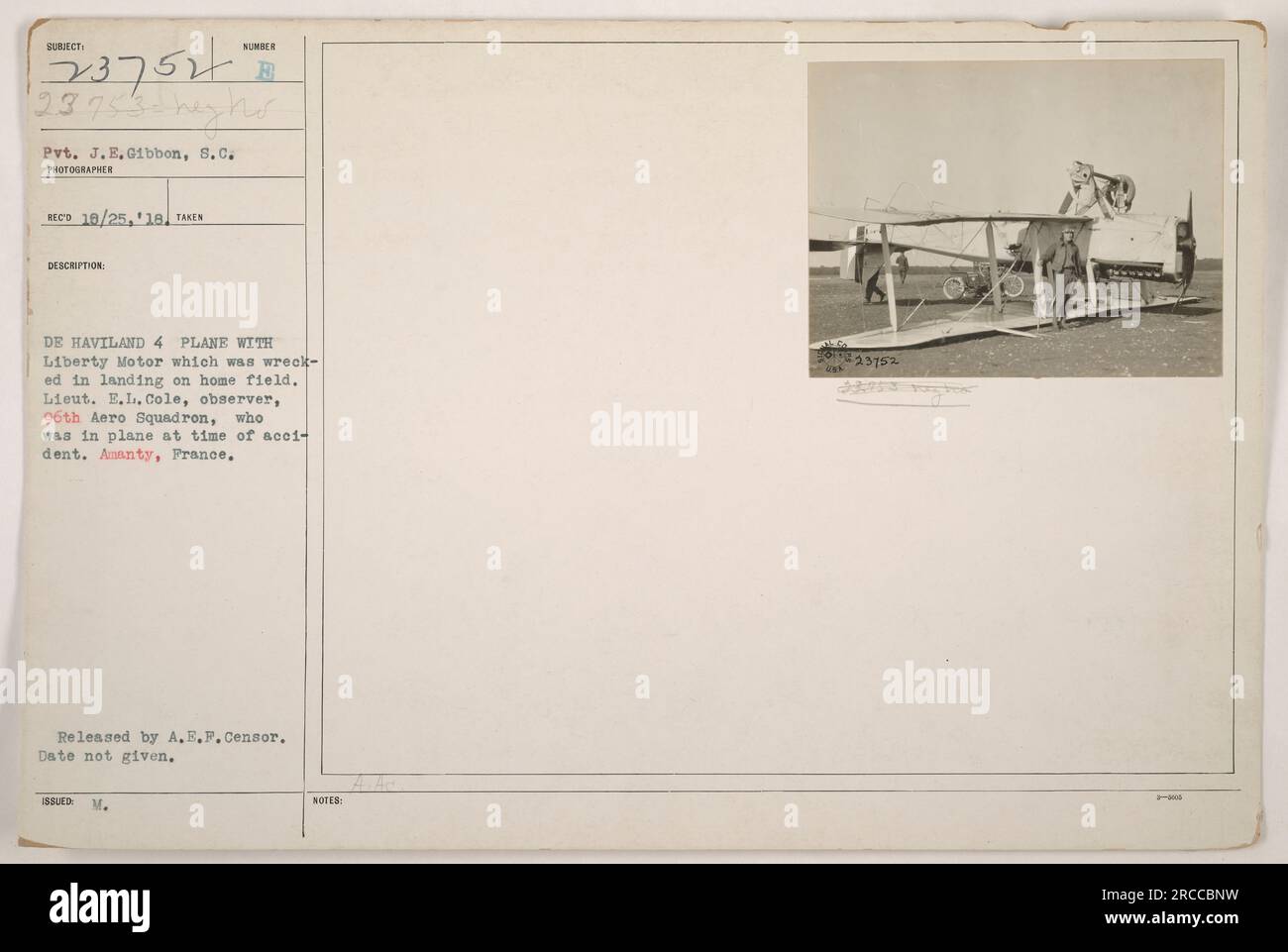 Lieutenant E.I. Cole of the 96th Aero Squadron is photographed standing ...