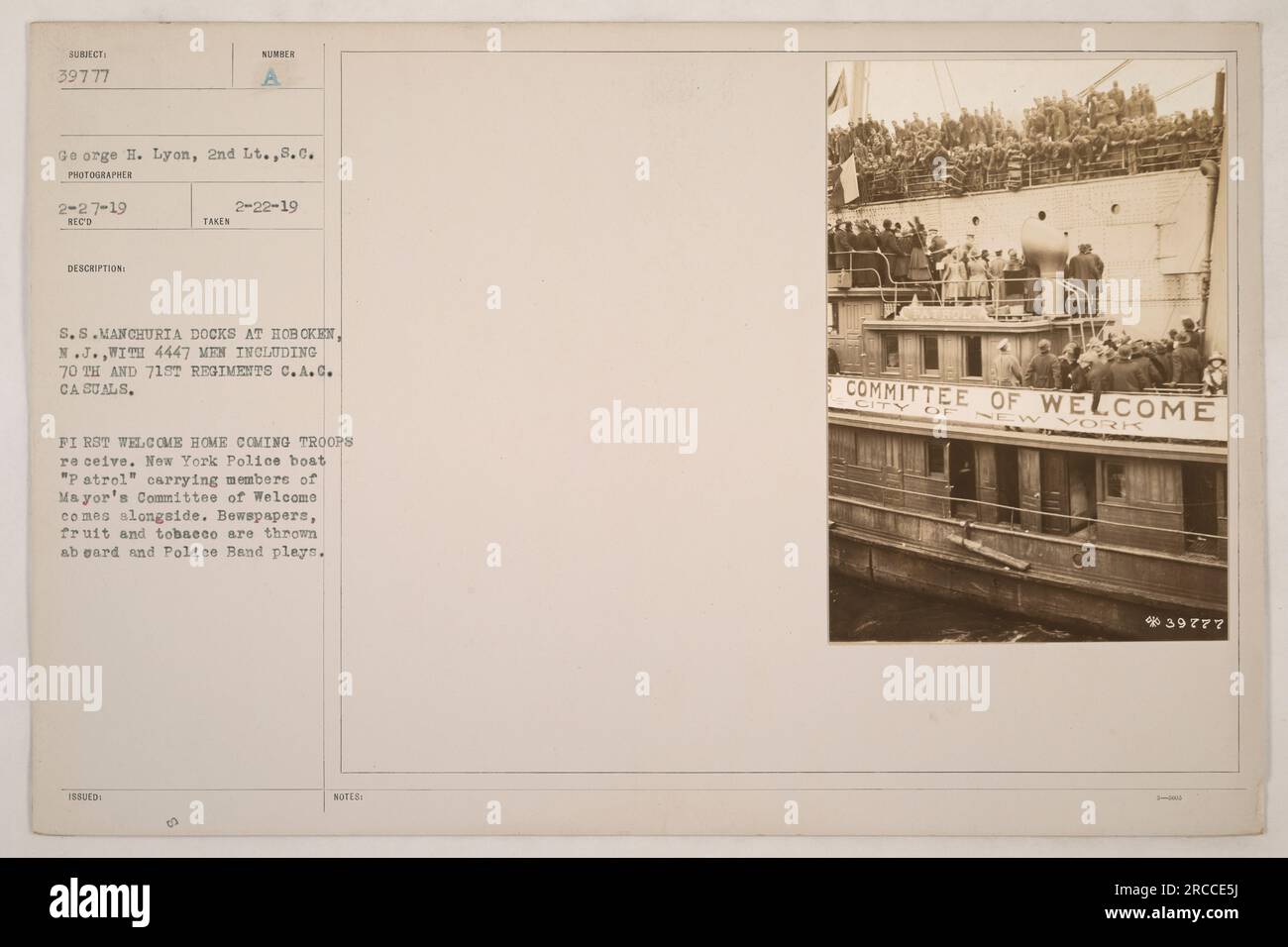 The SS Manchuria docks at Hoboken, NJ on February 22, 1919, welcoming ...