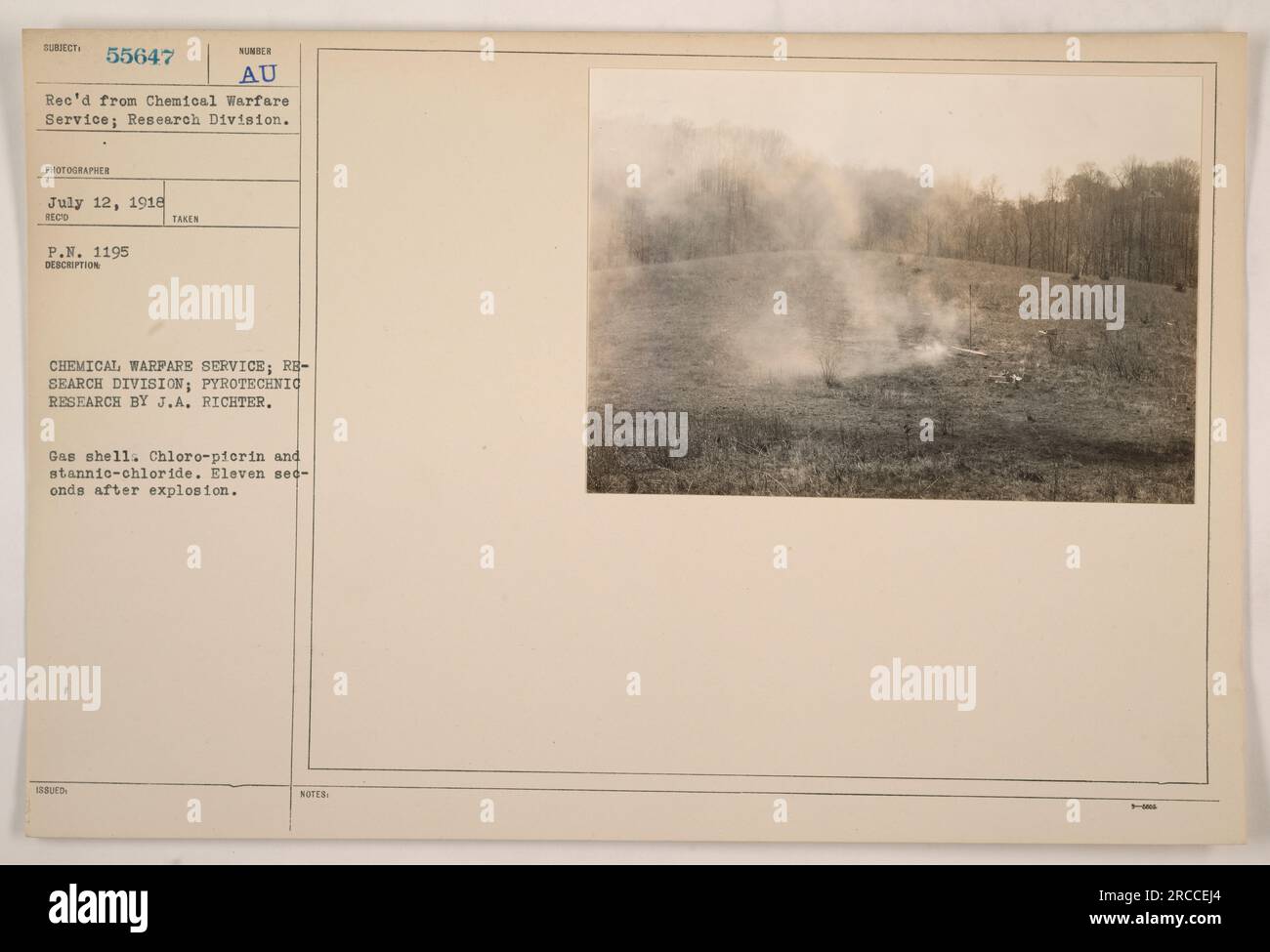 The photograph depicts a gas shell during pyrotechnic research ...