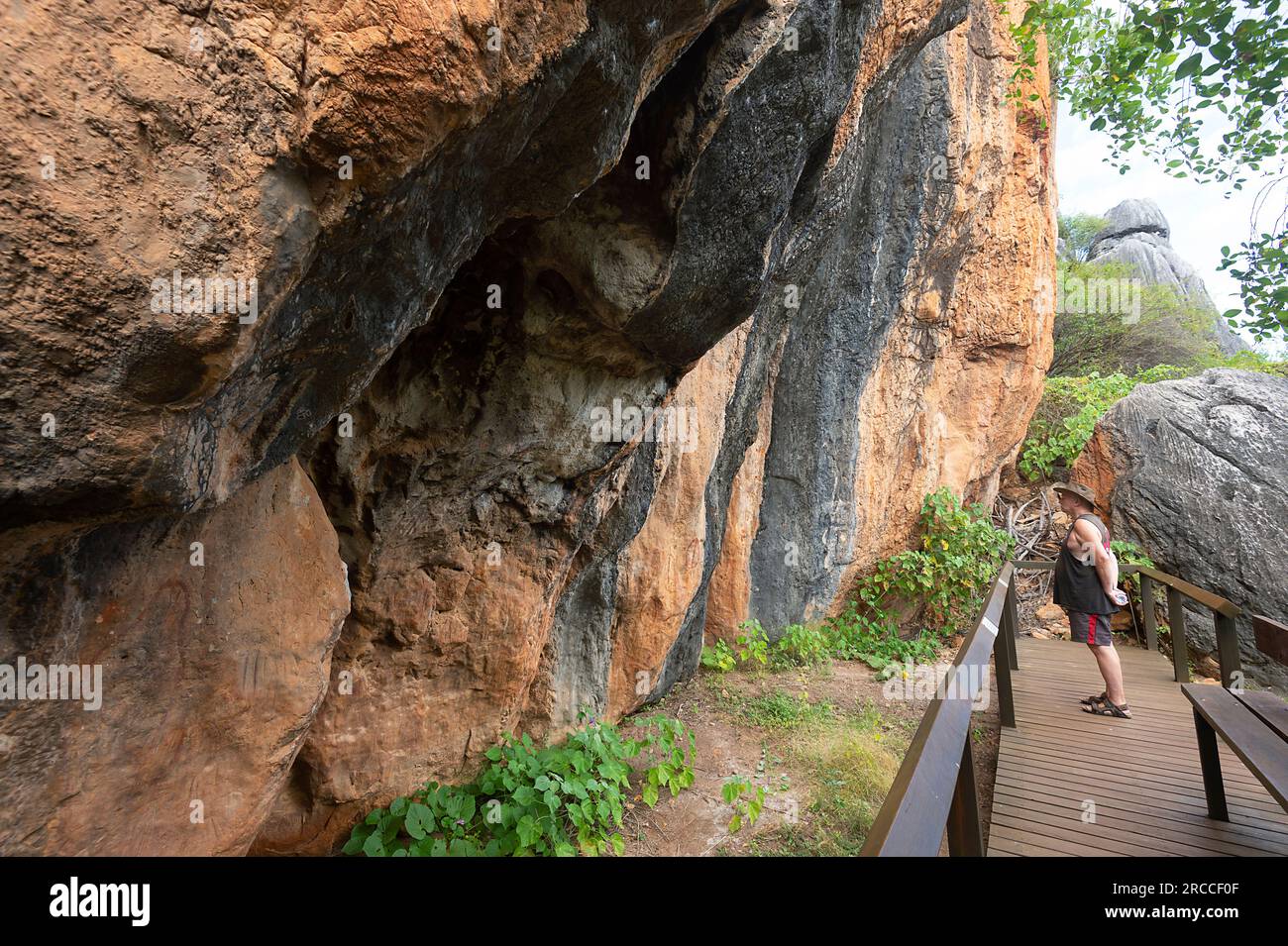 Tourist admiring rock art at the Wullumba Art Site, Chillagoe-Mungana ...