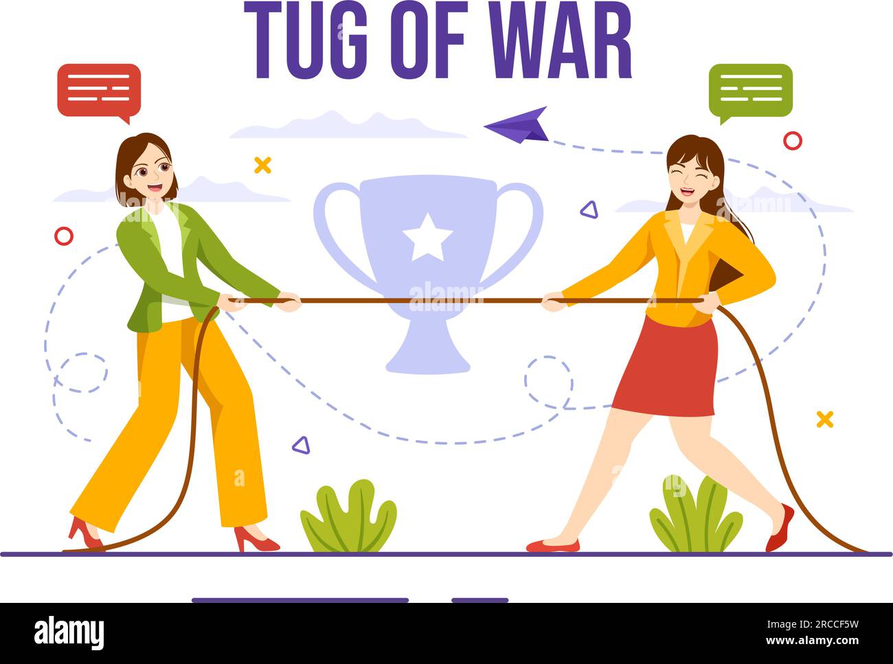 Tug of war Vector Illustration with People Pulling Opposite Ends of ...