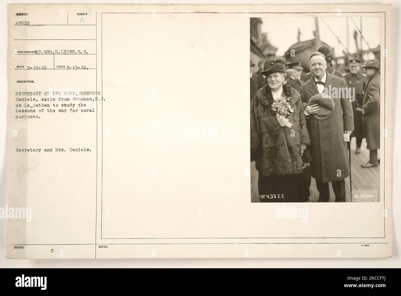 Secretary of the Navy, Josephus Daniels, departs from Hoboken, N.J. on ...