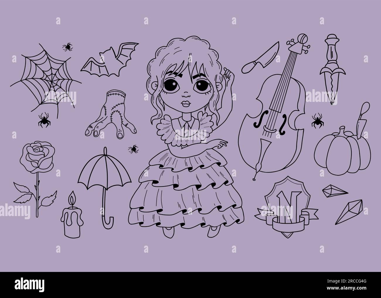 Gothic fantasy collection. Halloween outline doodles. Dancing cute girl ...