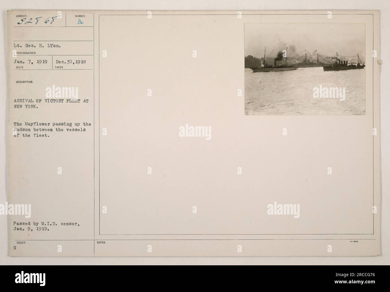 Victory Fleet arriving at New York, with the Mayflower passing between ...