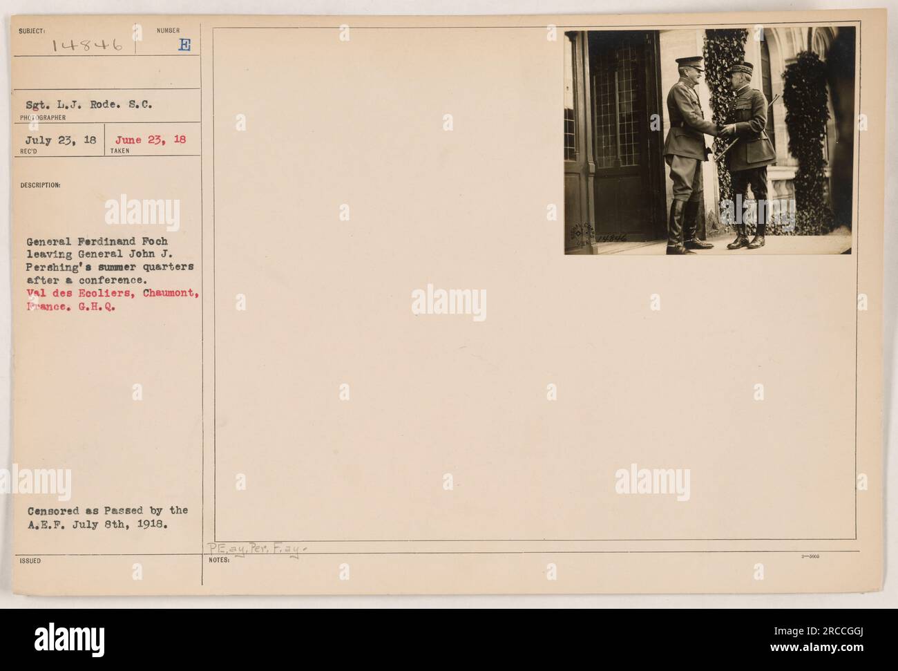 General Ferdinand Foch leaving General John J. Pershing's summer ...