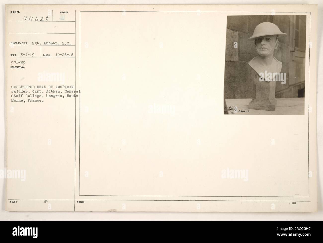 A sculptured head of an American soldier, issued to Captain Aitken of ...