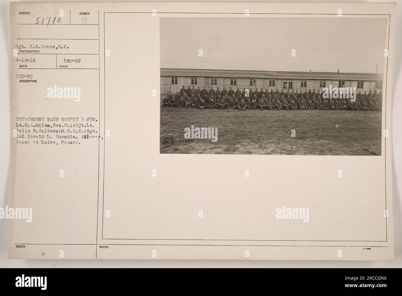 Detachment, Base Hospital #70. Pictured are Lt. Col. C.A. Milam, San. C ...