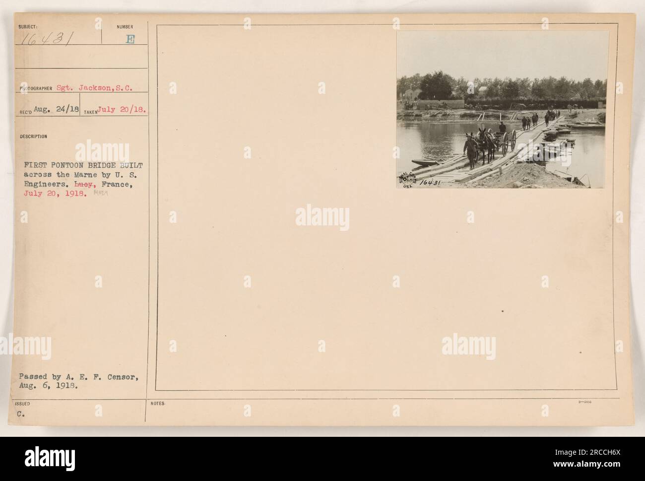 A photograph of the first pontoon bridge built across the Marne River ...