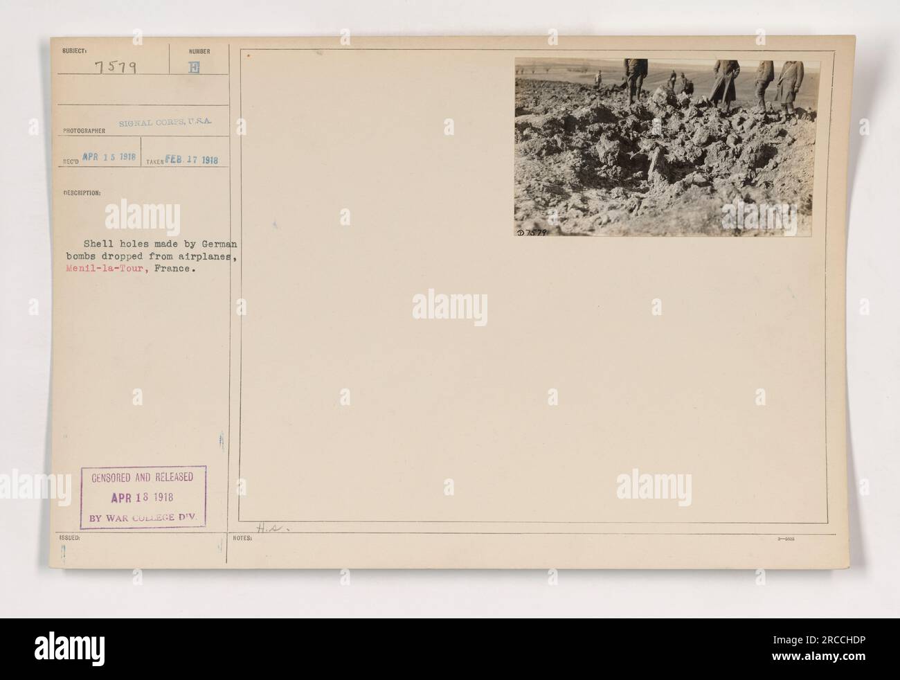 Shell holes caused by German bombs dropped from airplanes in Menil-la ...