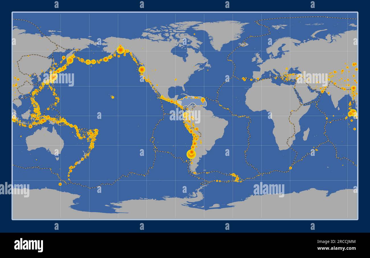 Shape Of The Caribbean Tectonic Plate On The Solid Contour Map In The Compact Miller Projection
