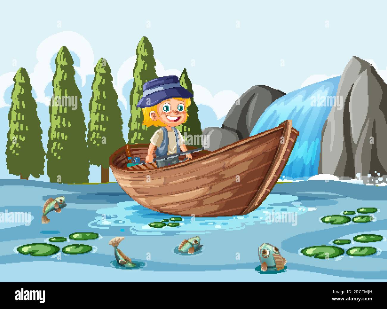 Happy Girl on Boat in Lake Scene illustration Stock Vector Image & Art ...